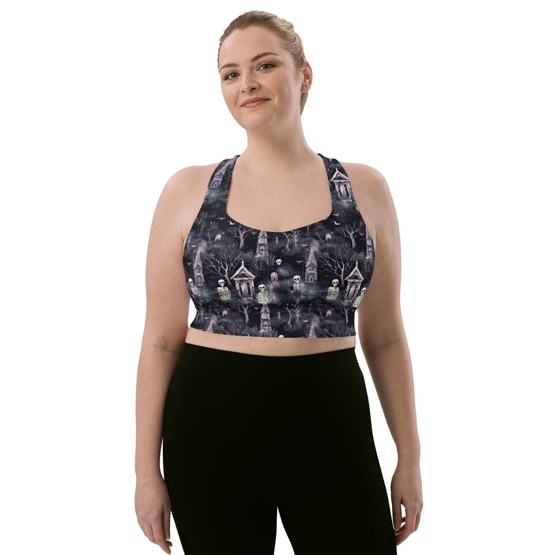 Dark Academia Skeleton Graveyard Halloween Recycled Longline Sports Bra ...