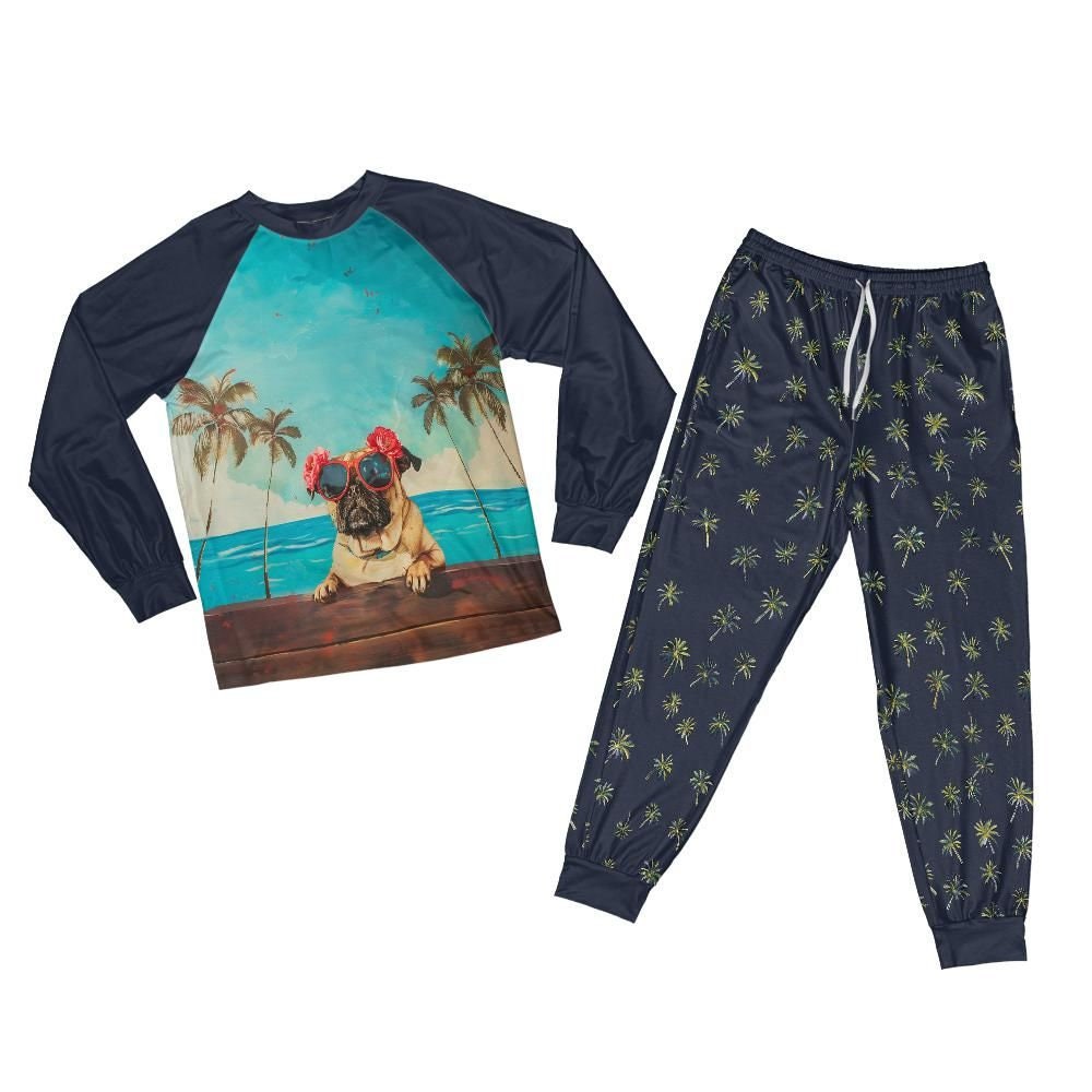 Dark Blue Summer Loving Pug Pajama Set, Youth and Adult Sizes With ...