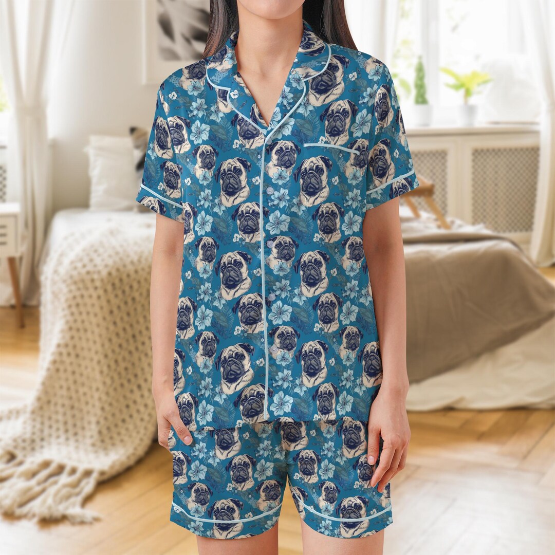 Blue Aloha Pug Short-sleeve Satin Pajamas Set | Silky Soft PJ Shorts ...