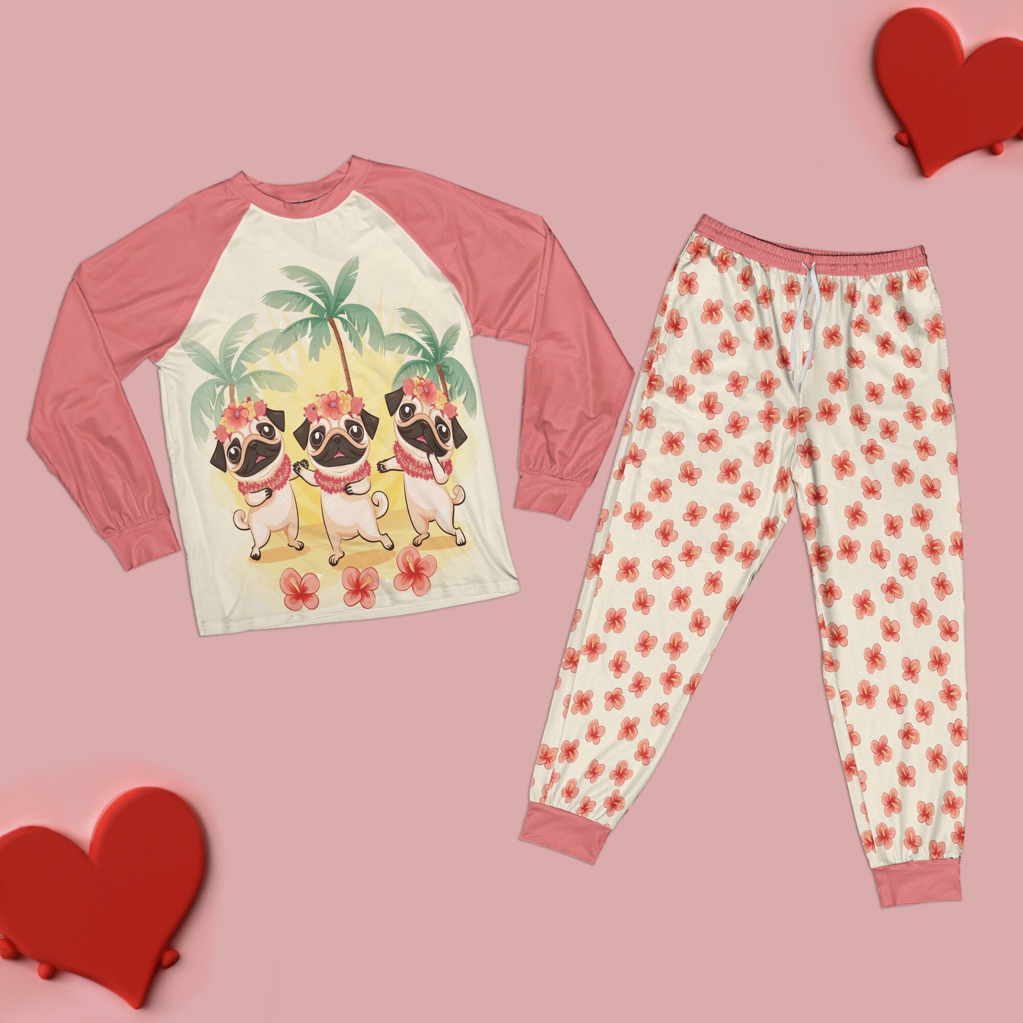 Hula Pugs Pajama Set in Youth and Adult Sizing, Matching Family Pajamas ...