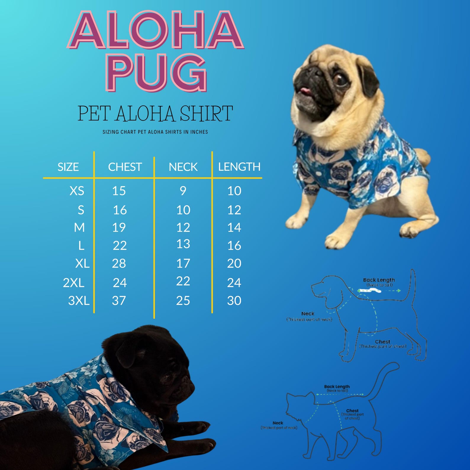 Blue Pug Pet Aloha Shirt, Match the Entire Family, Dog and Cat Hawaiian ...