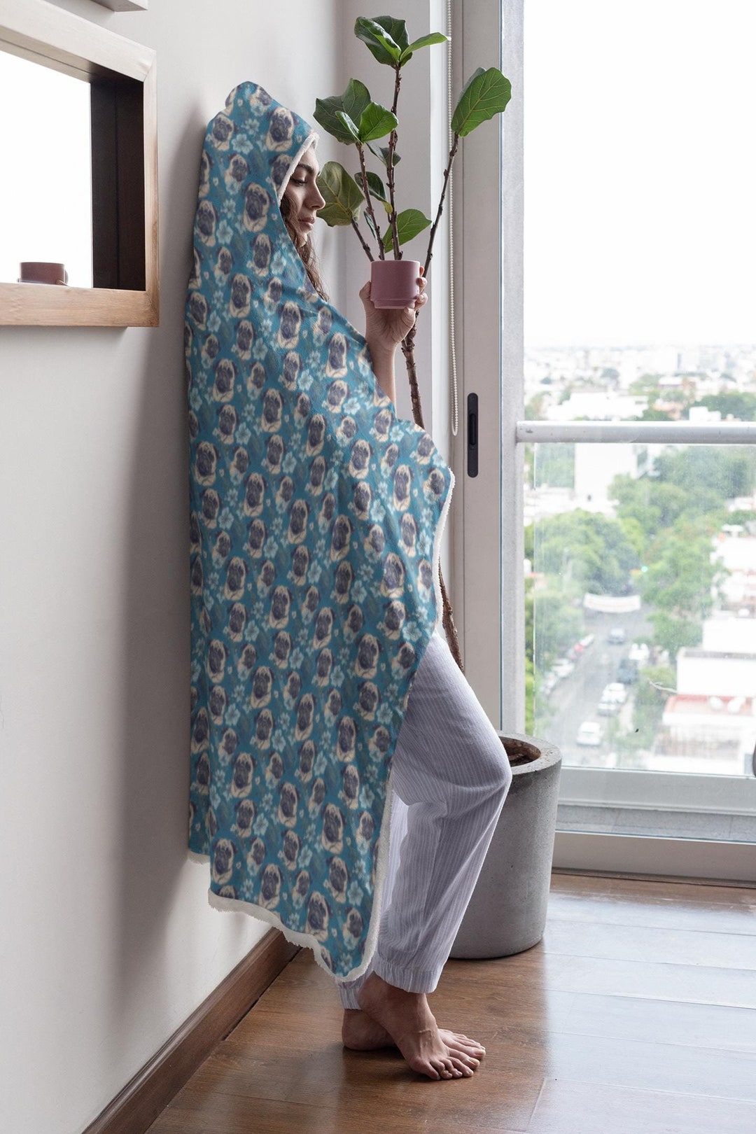 Blue Aloha Pug Cozy Hooded Blanket - Etsy