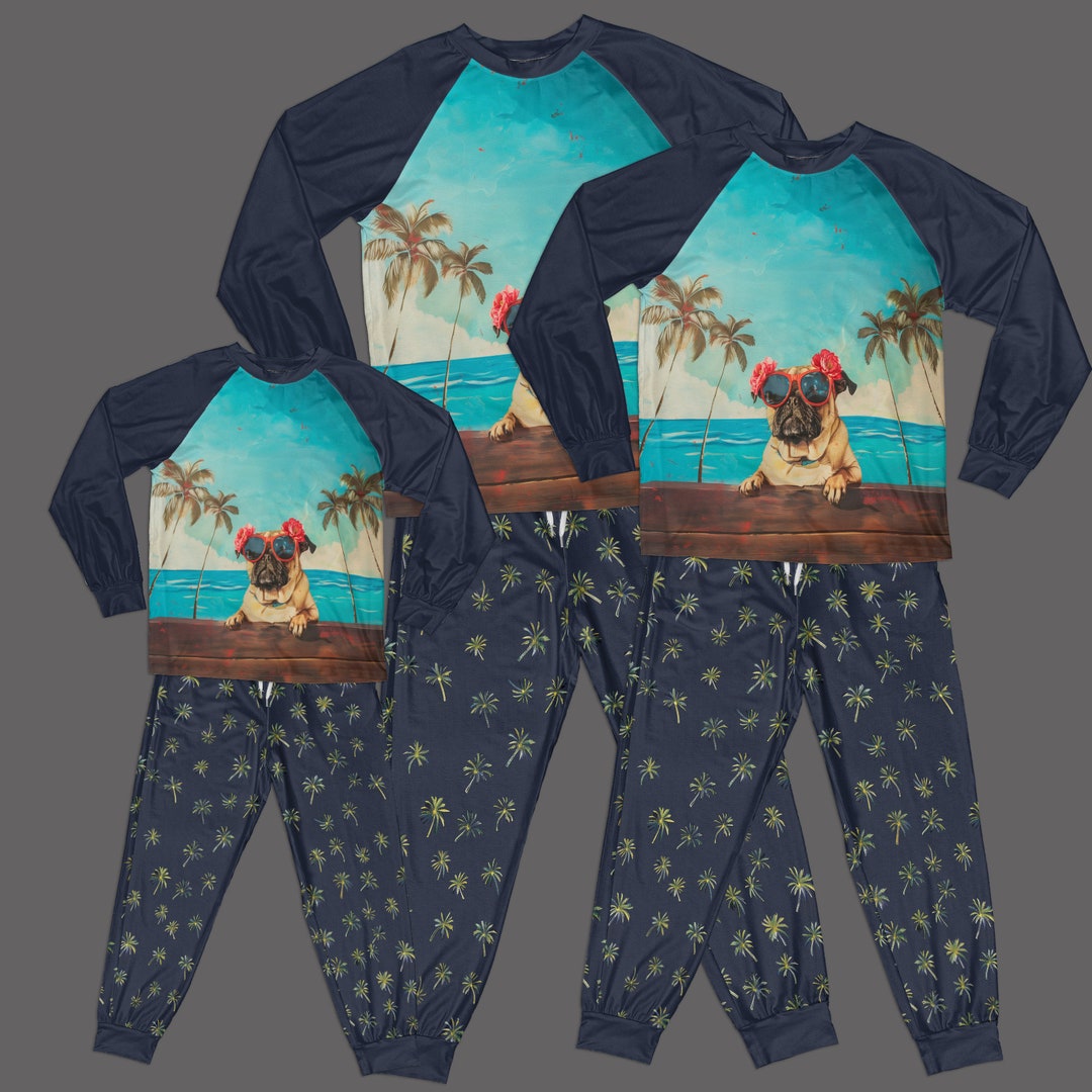 Dark Blue Summer Loving Pug Pajama Set, Youth and Adult Sizes With ...