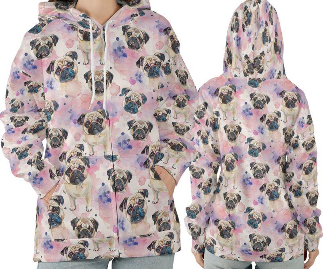 Watercolor Pug Zip Hoodie, Gender Neutral Sweatshirt, Sizes Small up to ...