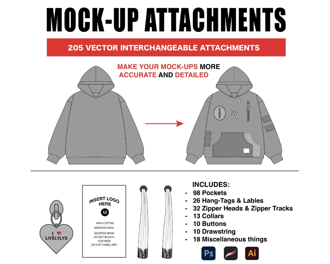 205 Mock-up Attachments | Streetwear Clothing Vector Pack Techpack ...