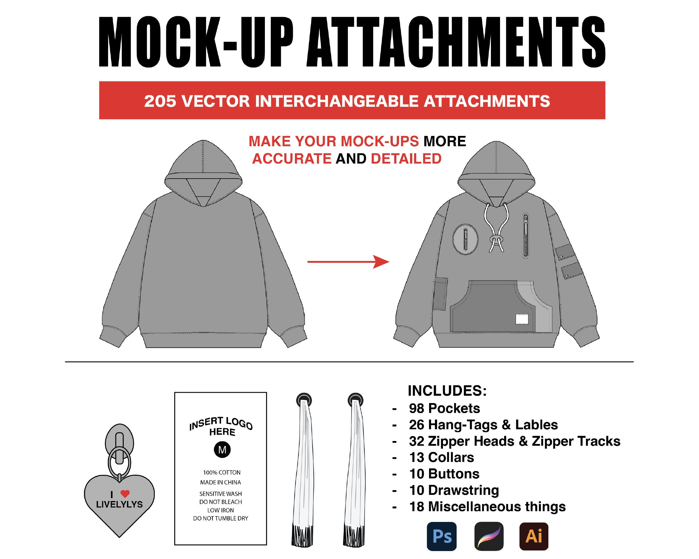 205 Mock-up Attachments | Streetwear Clothing Vector Pack Techpack ...