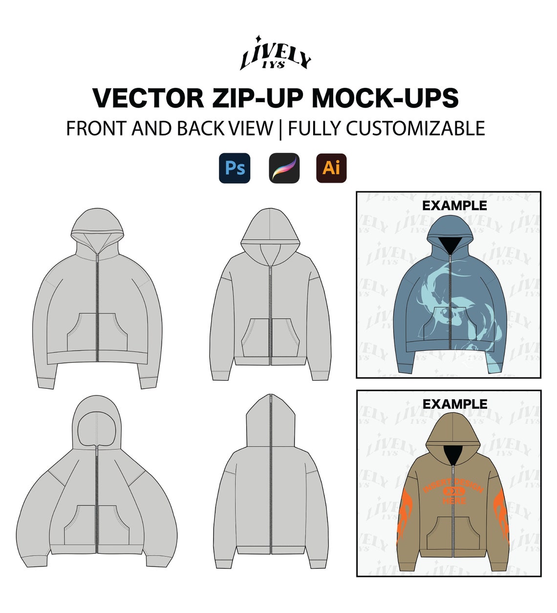 Zip-up Vector Mock-ups | Streetwear Clothing Vector Mockups Techpack ...