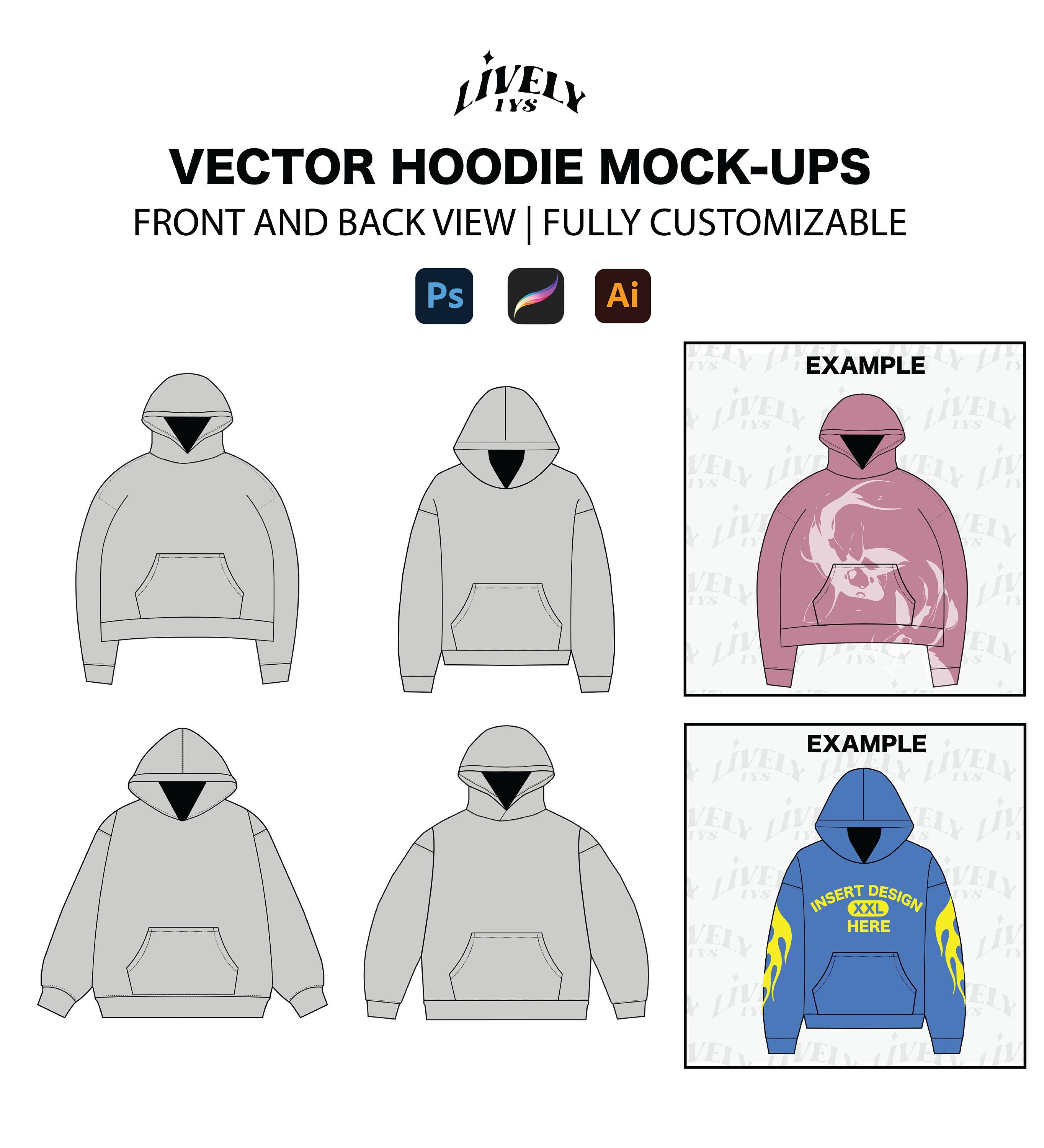 Hoodie Vector Mock-ups|streetwear Clothing Vector Mockups Techpack ...