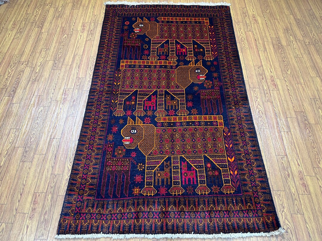 3x5 Baluch Pictorial Rug, Afghan Hand Knotted Natural Dye Wool Lion Rug ...