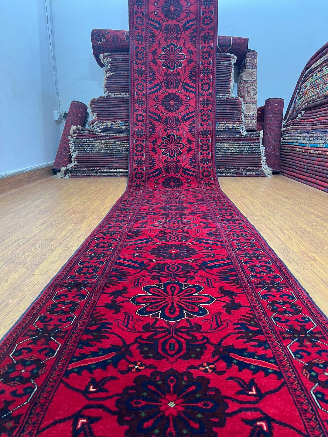 22 Ft Red Tribal Extra Long Runner Rug, Afghan Khal Mohammadi Hand ...