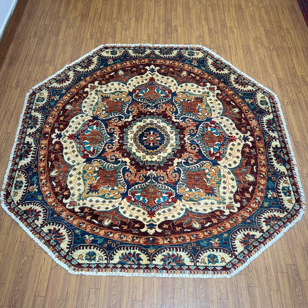 Hand Knotted 6x6 FT Octagon Medallion Dining Table Rug, Beige Blue Red ...