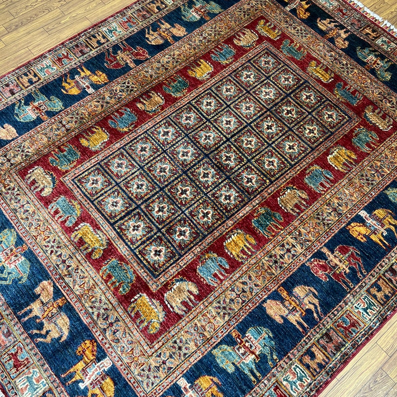 Navy Blue & Maroon Red 5x6 Pazyryk Area Rug, Afghand Hand Knotted Veg ...