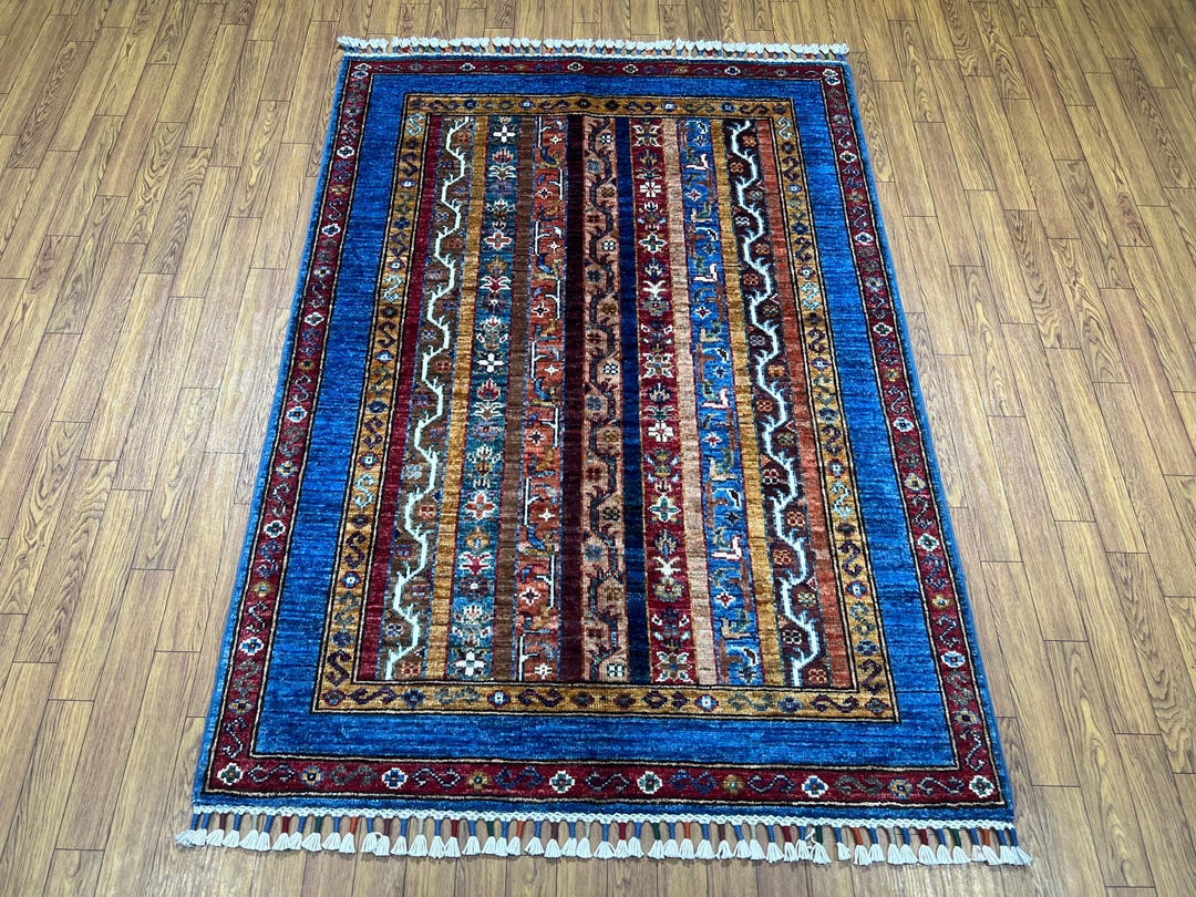 Blue 3x4 Ft Shawl Area Rug - Afghan Hand Knotted Veg Dyes Wool Tribal ...