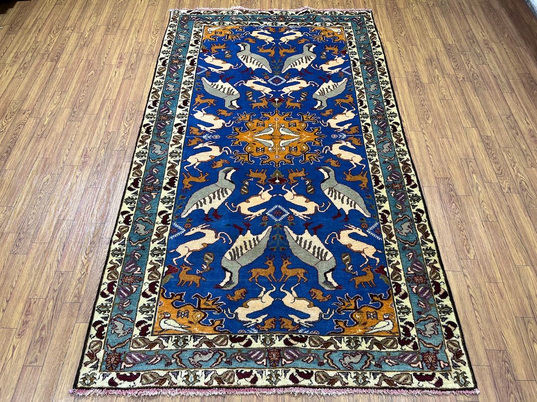 3x6 Pictorial Rug, Afghan Baluch Hand Knotted Natural Dye Wool Vintage ...