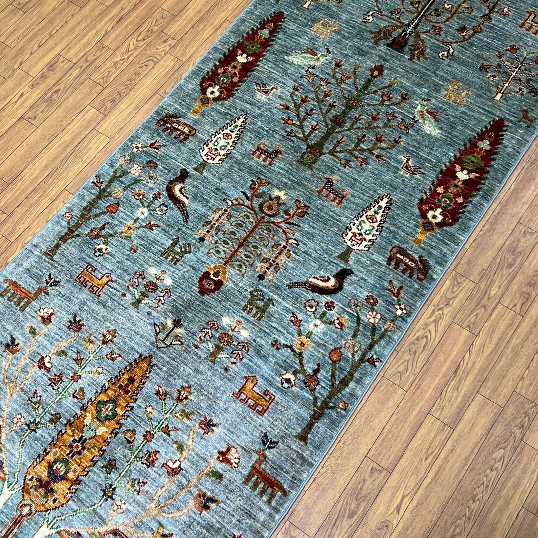 7 Ft Bluish Gray Runner Rug, Handmade Tree of Life Multi Colour Runner ...