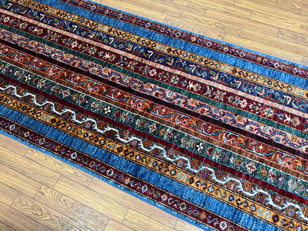 Handmade Blue 2x8 Ft Long Shawl Pattern Wool Runner Rug - Striped Veg ...