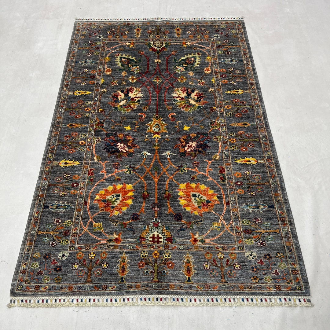 Rare Finf 4x6 Ft Grey Waziri Rug Hand Knotted Grey Floral Rug 4x6 ...