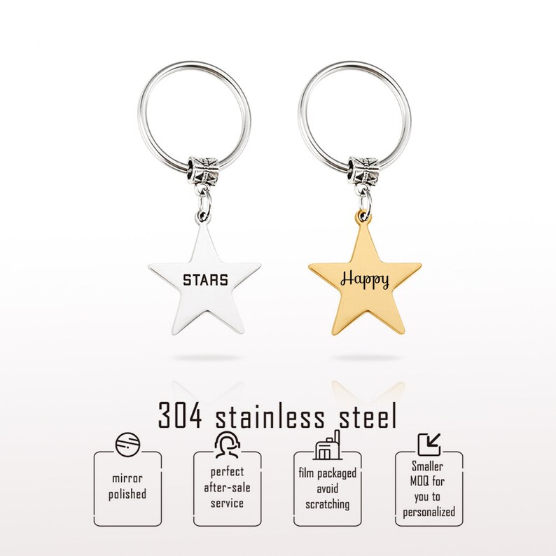 Star Shaped Keychain, Custom Engraved Name Word Silver Gold Keyring ...