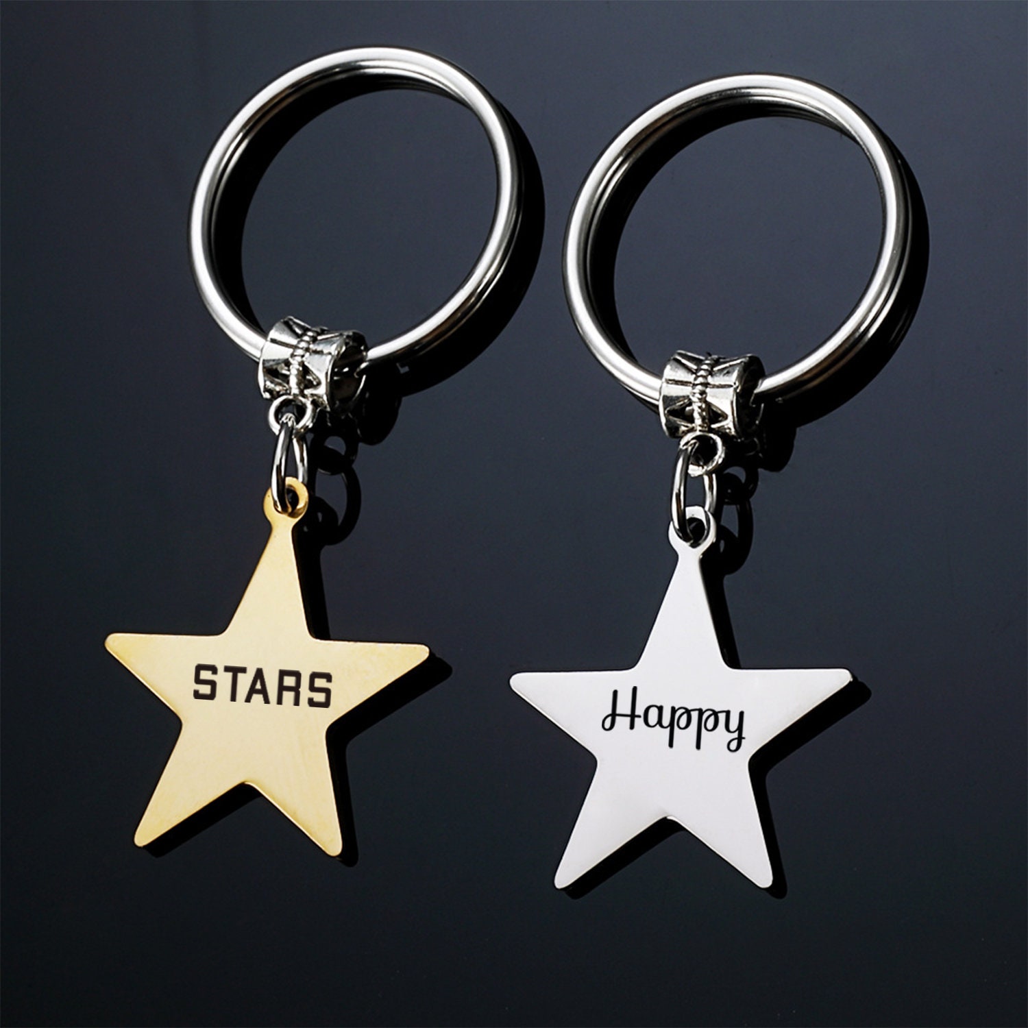 Star Shaped Keychain, Custom Engraved Name Word Silver Gold Keyring ...