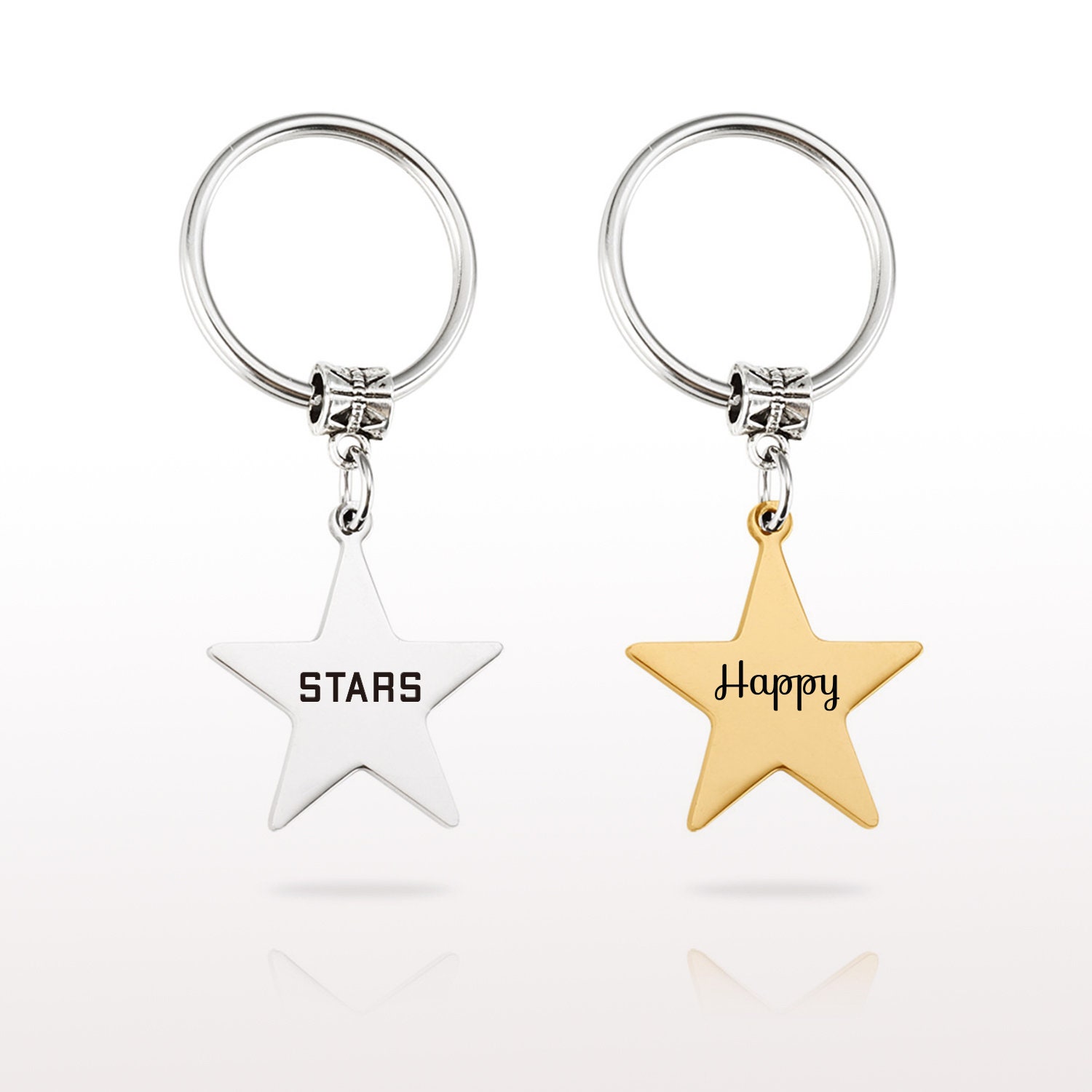 Star Shaped Keychain, Custom Engraved Name Word Silver Gold Keyring ...