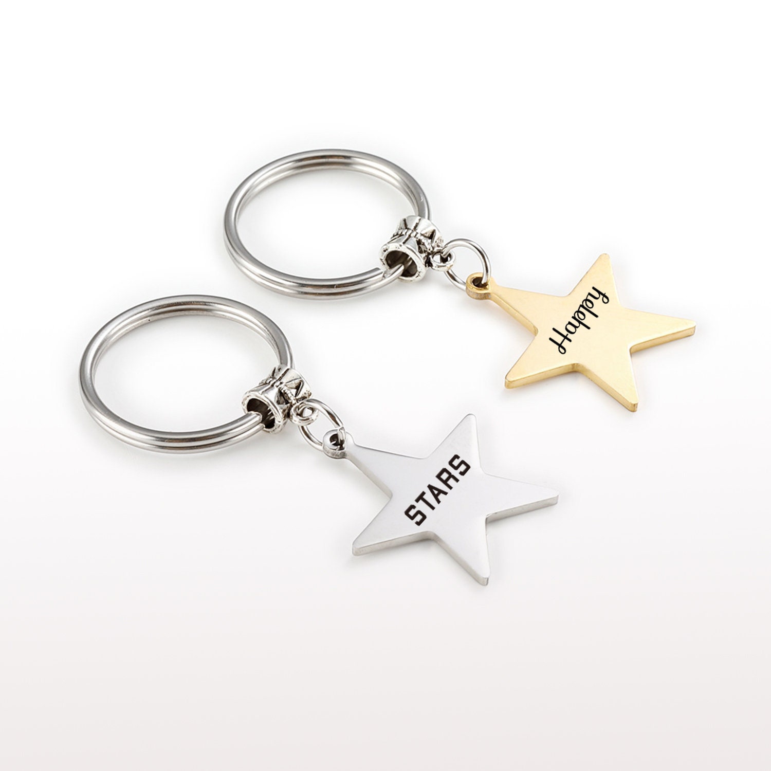 Star Shaped Keychain, Custom Engraved Name Word Silver Gold Keyring ...