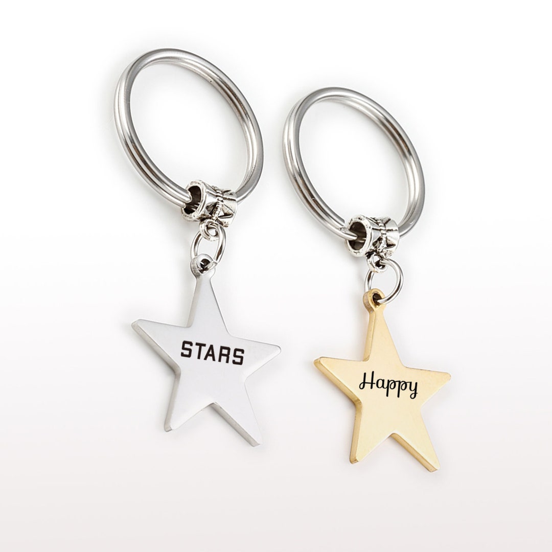 Star Shaped Keychain, Custom Engraved Name Word Silver Gold Keyring ...