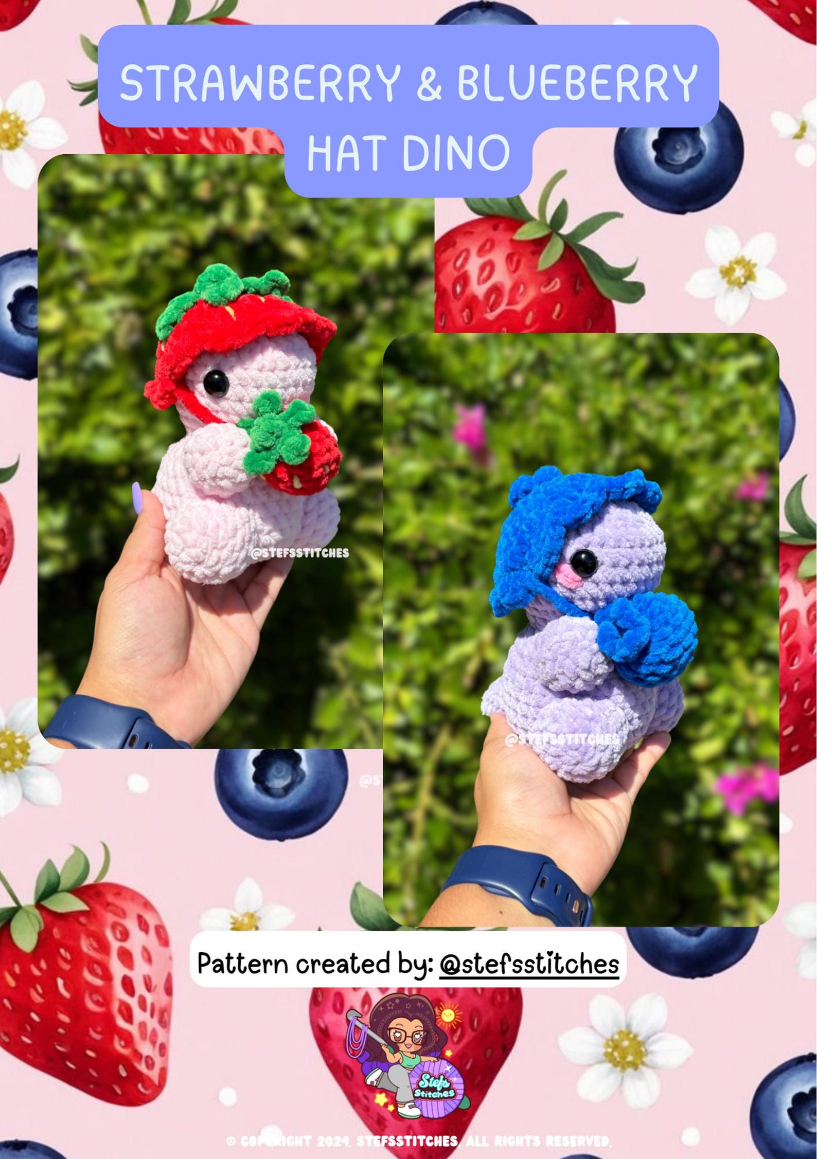 Strawberry & Blueberry Hat Dino Crochet Pattern | Crochet Duo Pack ...