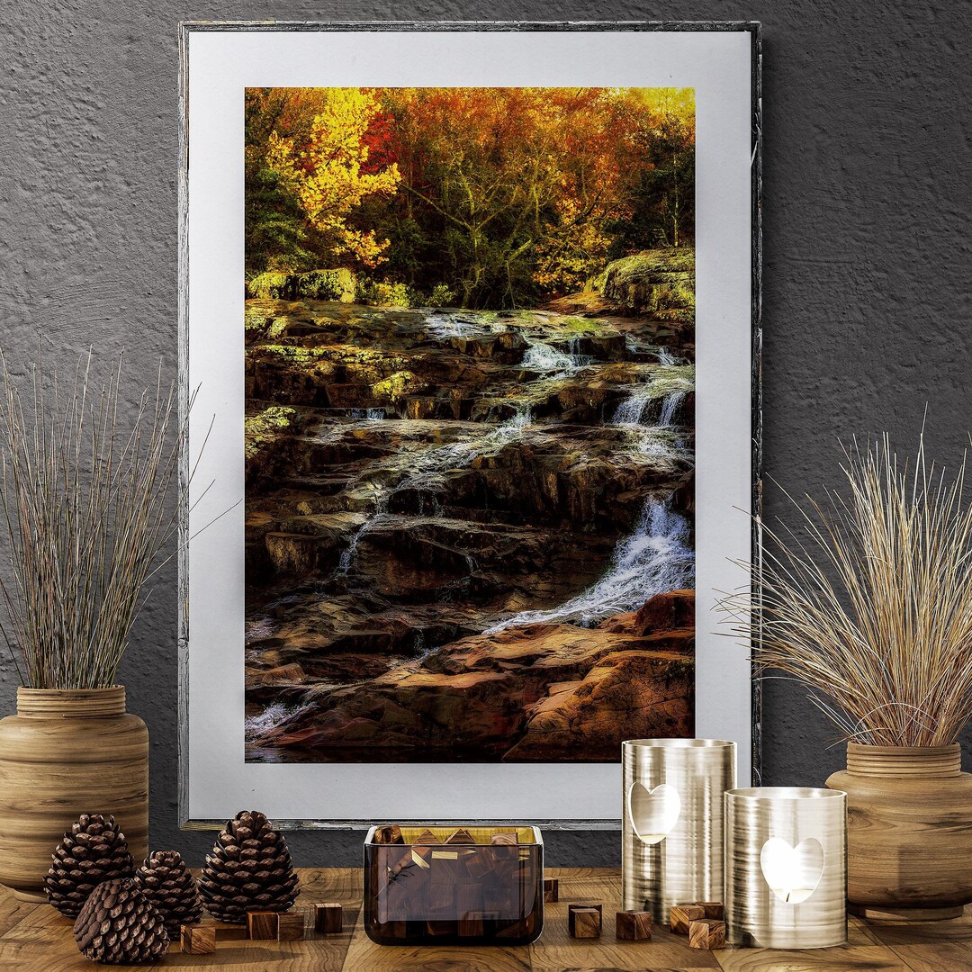 Autumn Waterfall Art Print, Rocky Falls, Missouri Ozarks, Fall Foliage ...