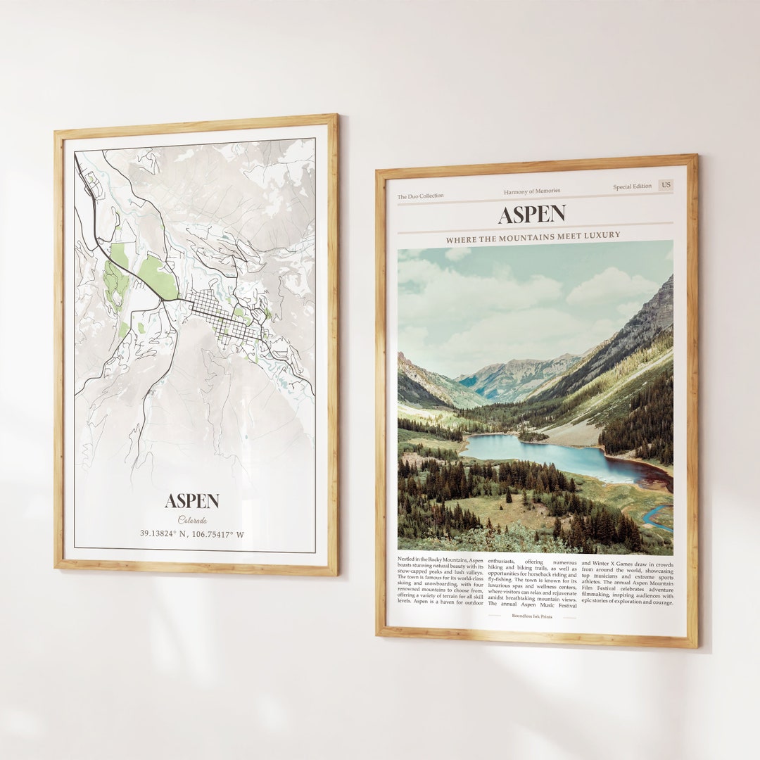 Aspen City Prints Set of 2, Aspen Map, Aspen Poster Photo, Aspen Wall ...