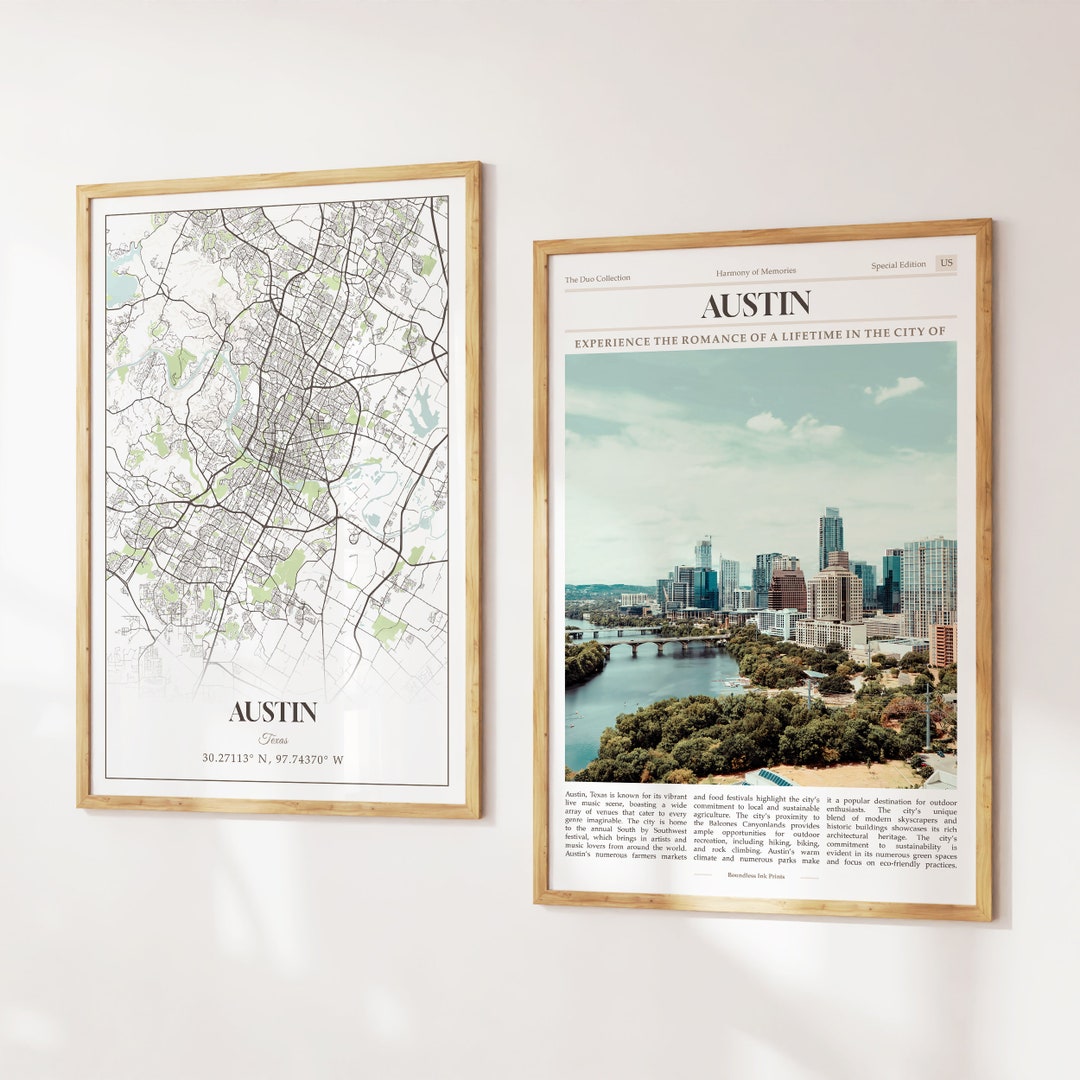 Austin City Prints Set of 2, Austin Map, Austin Poster Photo, Austin ...