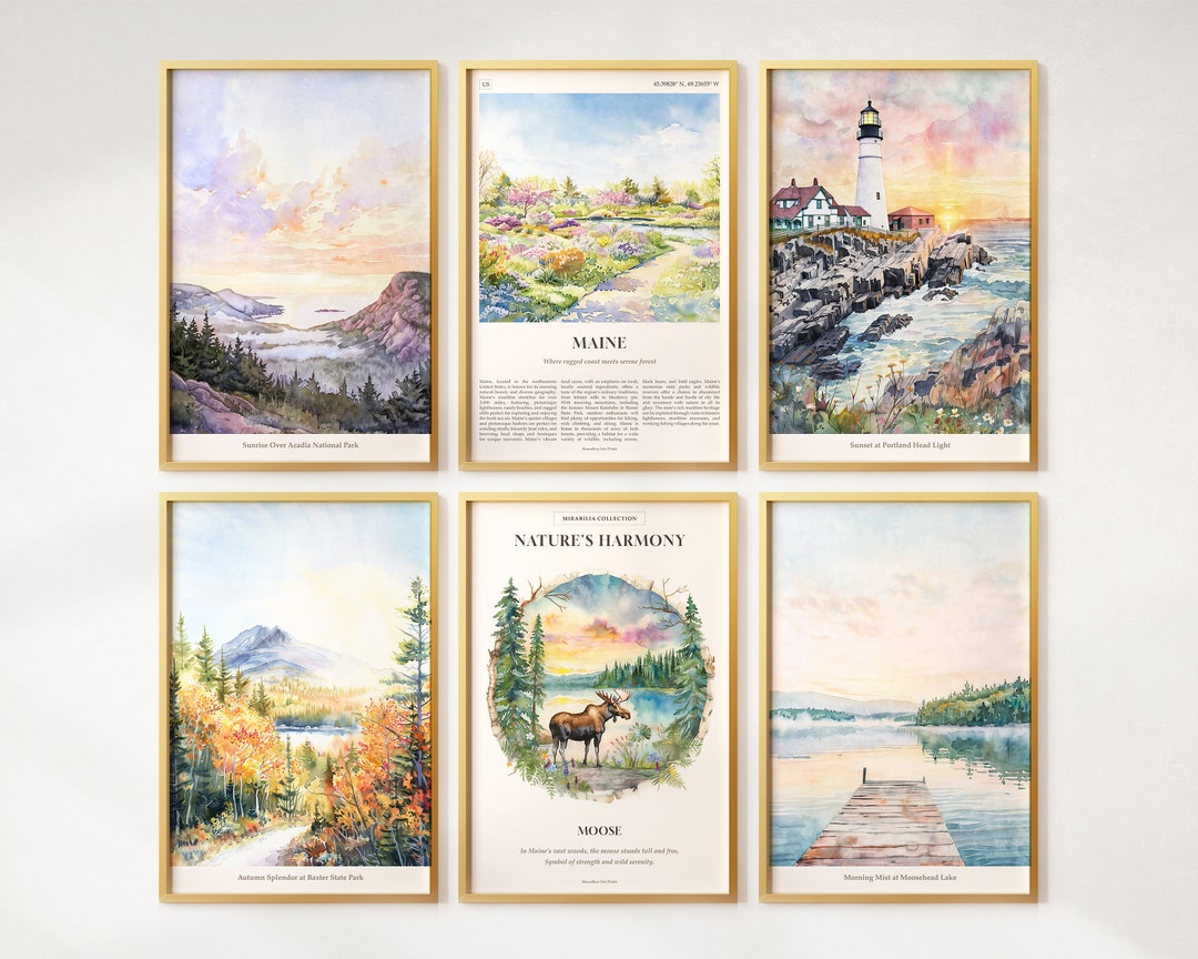 Watercolor Maine Prints Set of 6, Colorful Maine Posters, Moose, Maine ...
