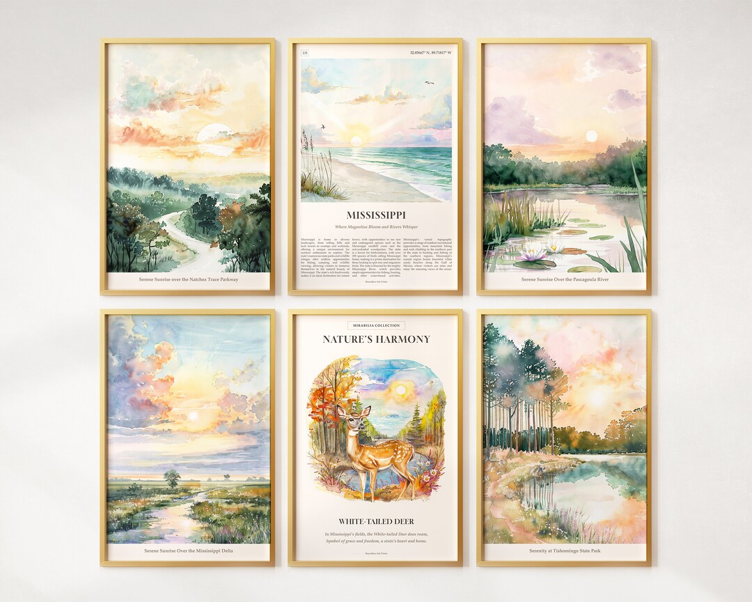 Watercolor Mississippi Prints Set of 6, Colorful Mississippi Posters ...