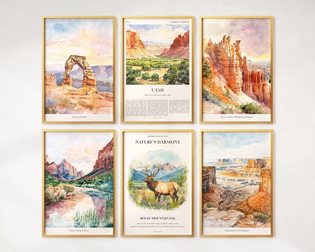 Watercolor Utah Prints Set of 6, Colorful Utah Posters, Rocky Mountain ...