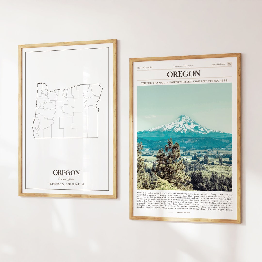 Oregon State Prints Set of 2, Oregon Map, Oregon Poster Photo, Oregon ...