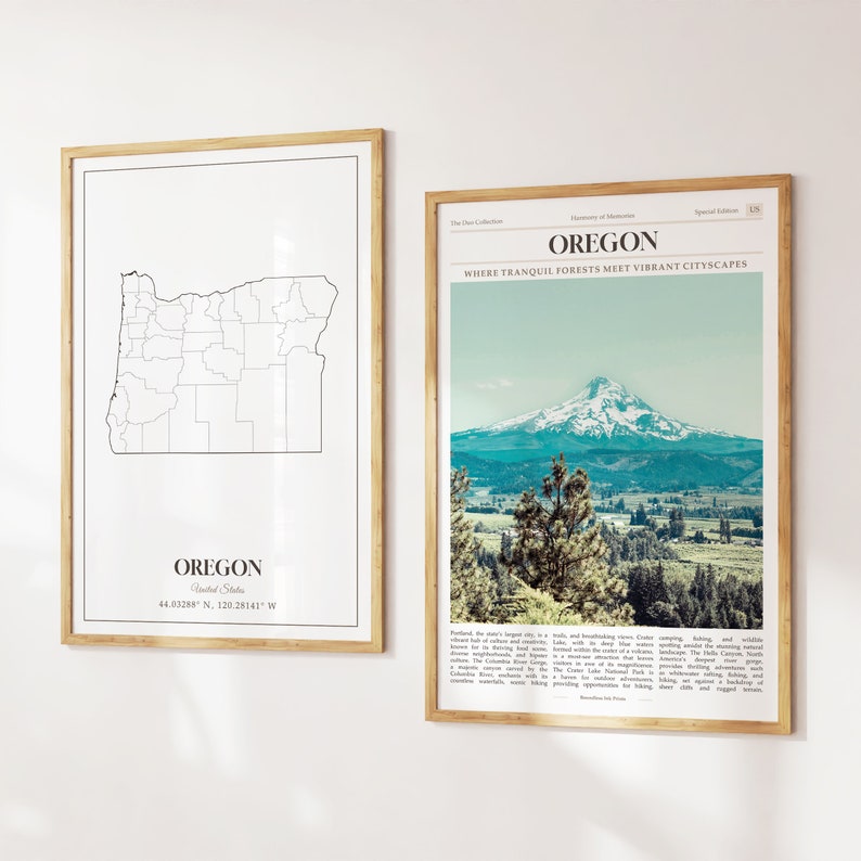 Oregon State Prints Set of 2, Oregon Map, Oregon Poster Photo, Oregon ...
