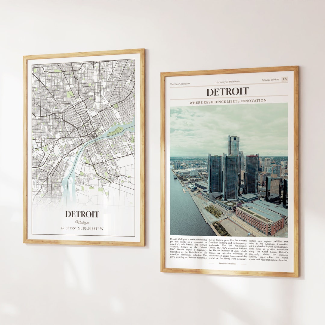 Detroit City Prints Set of 2, Detroit Map, Detroit Poster Photo ...