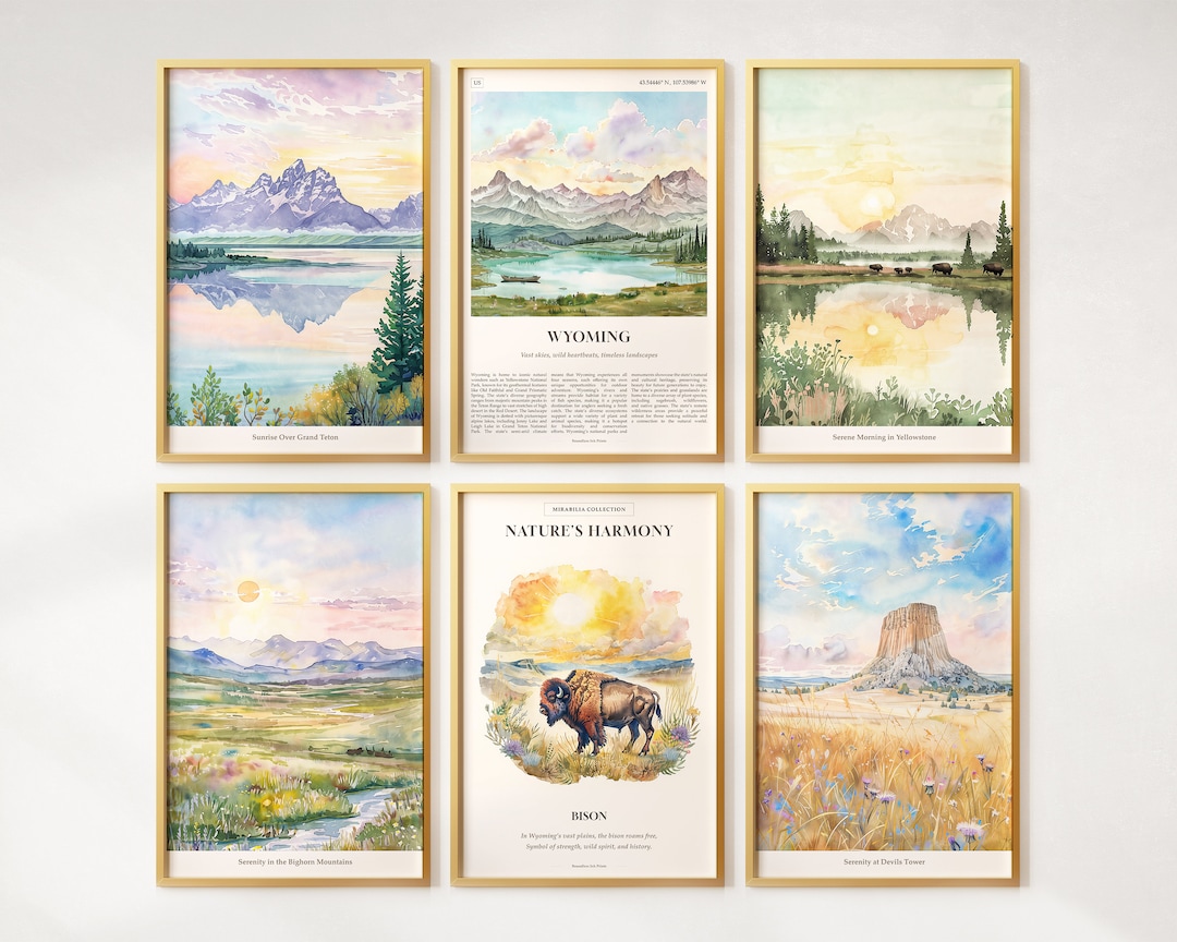 Watercolor Wyoming Prints Set of 6, Colorful Wyoming Posters, Wyoming ...