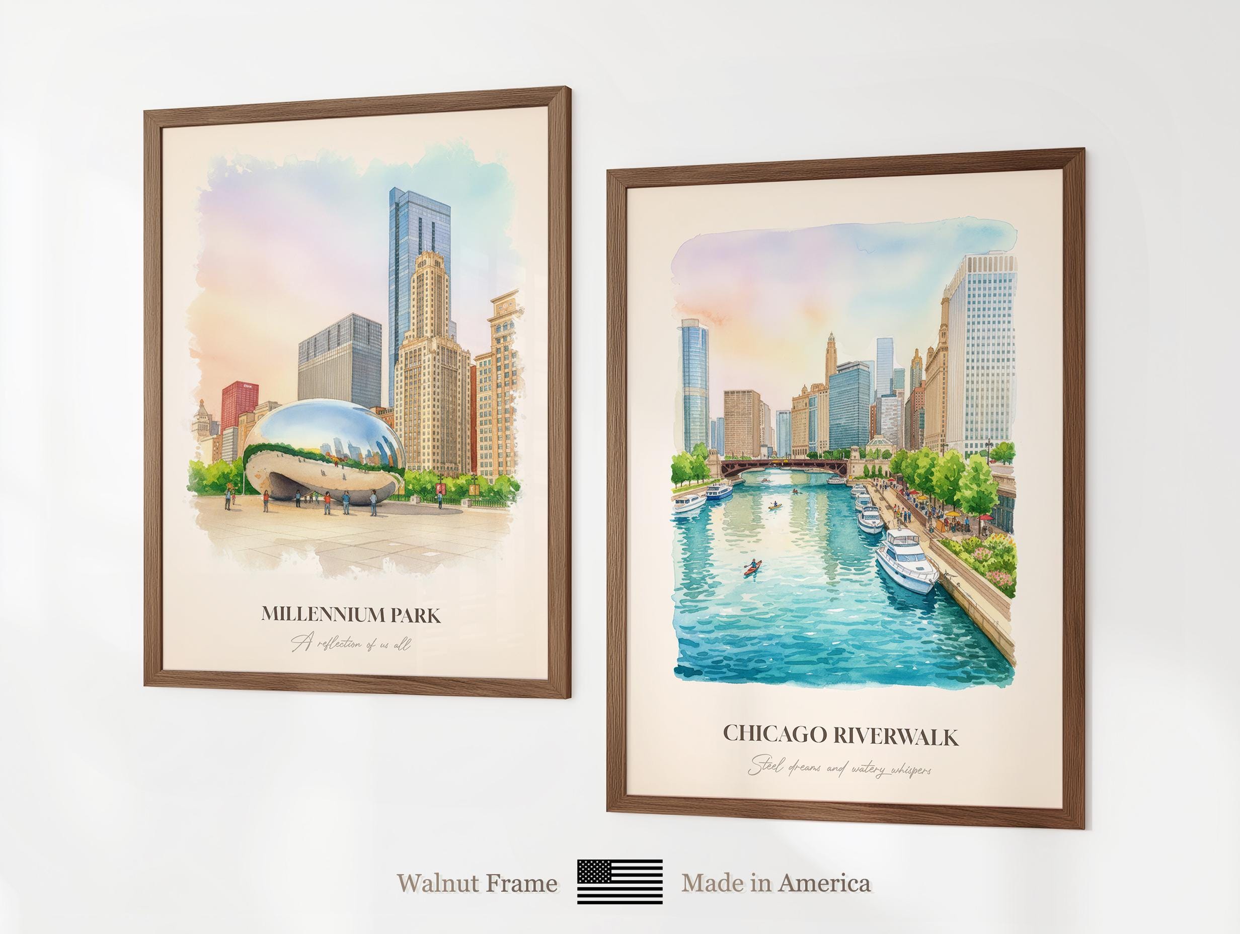 Chicago IL Watercolor Prints Gallery Wall, Colorful Chicago Painting ...