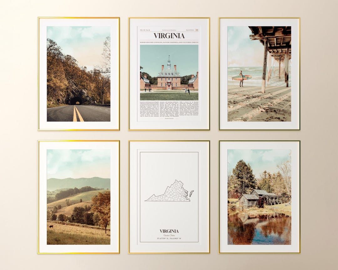 Virginia State Prints Set of 6, Virginia Poster Photos, Virginia Map ...