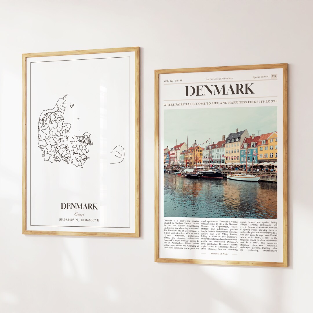 Denmark Prints Set of 2 Denmark Map Denmark Poster Photo - Etsy