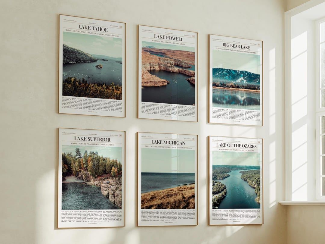 US Lakes Wall Art Prints Set of 6, Lake Tahoe, Lake Powell, Big Bear ...