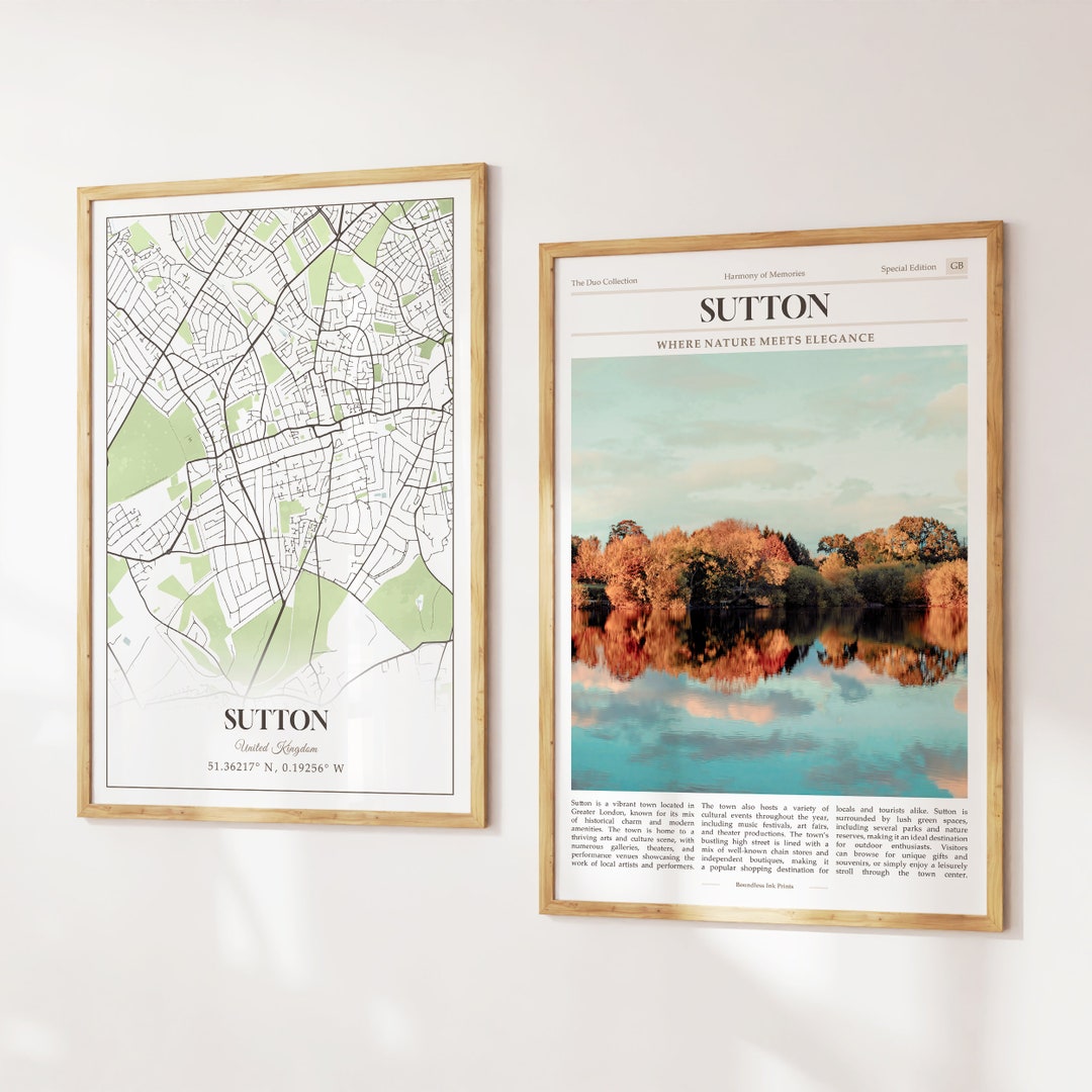 Sutton City Prints Set of 2, Sutton Map, Sutton Poster Photo, Sutton ...