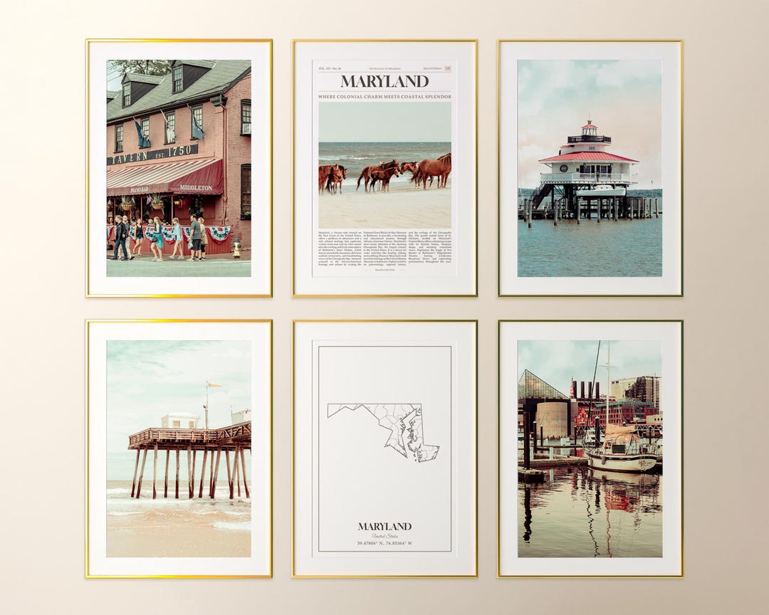 Maryland State Prints Set of 6, Maryland Poster Photos, Maryland Map ...