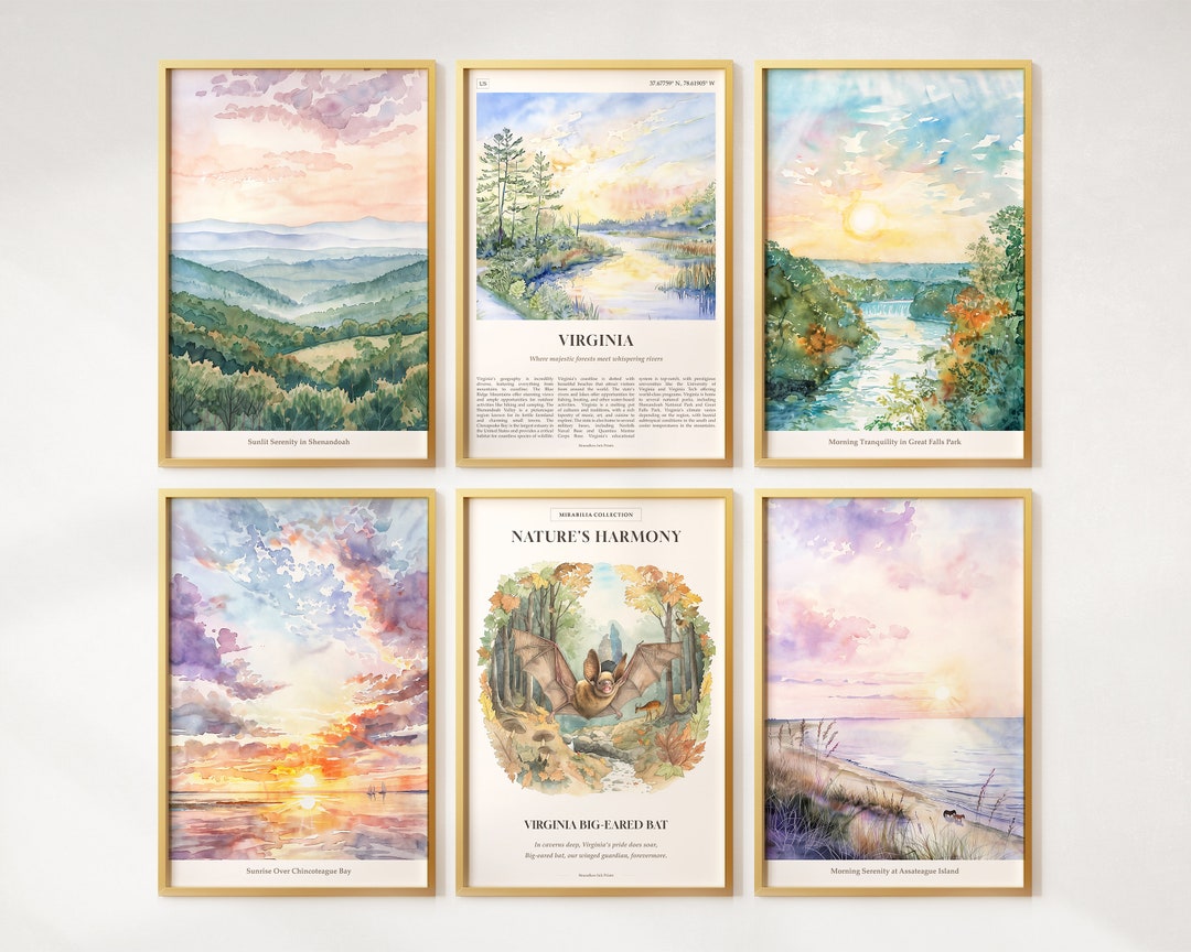 Watercolor Virginia Prints Set of 6, Colorful Virginia Posters ...