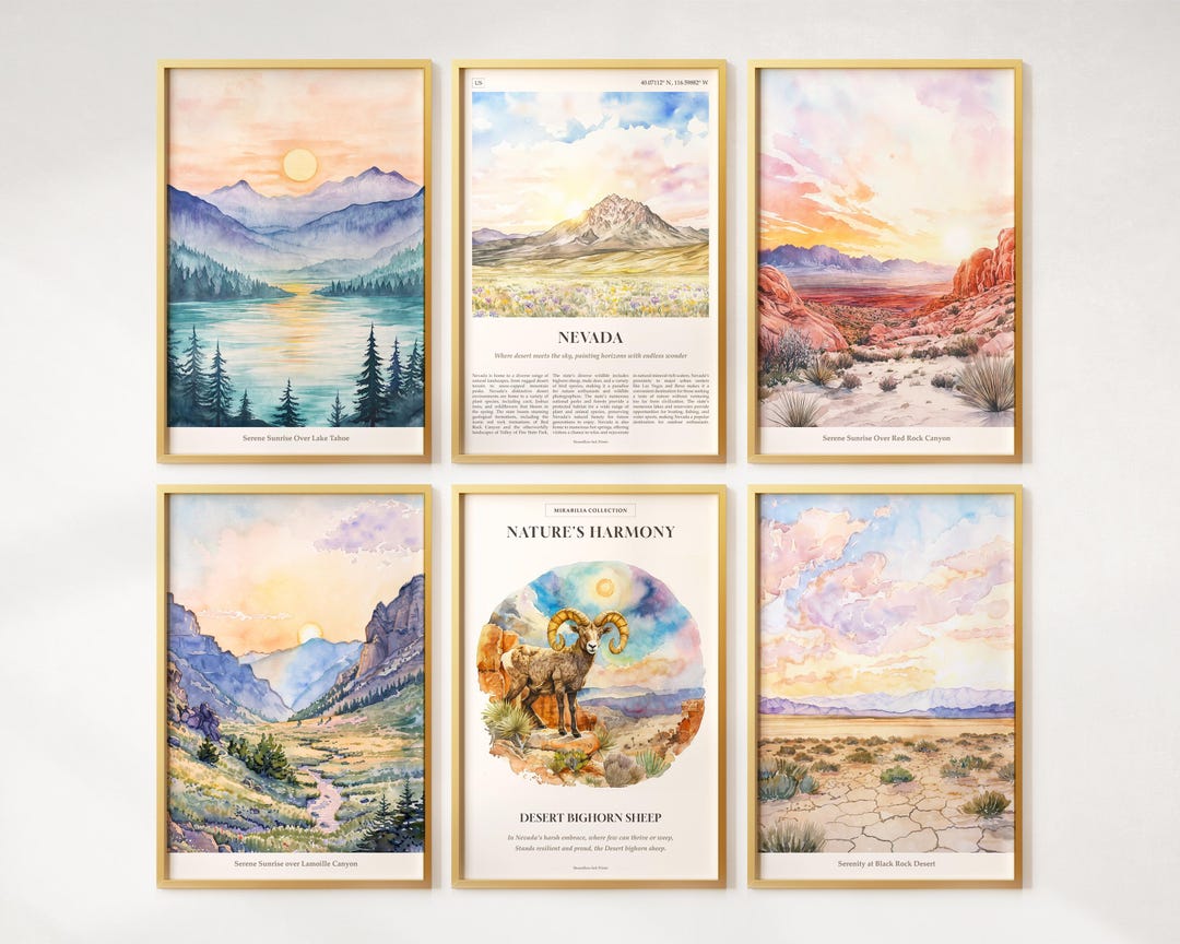 Watercolor Nevada Prints Set of 6, Colorful Nevada Posters, Nevada Wall ...