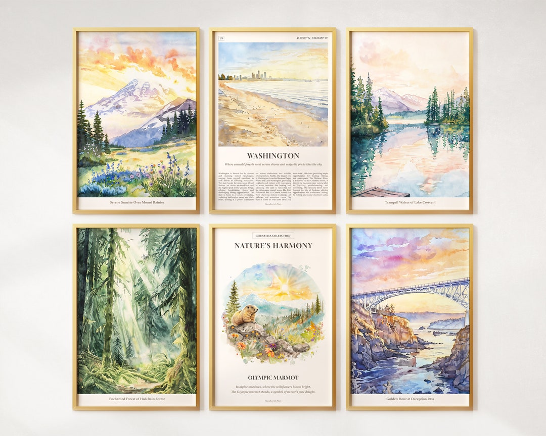 Watercolor Washington Prints Set of 6, Colorful Washington Posters ...