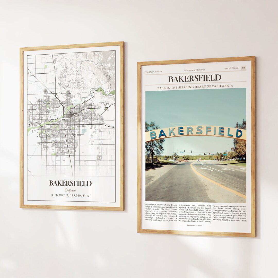 Bakersfield City Prints Set of 2, Bakersfield Map, Bakersfield Poster Photo, Bakersfield ...