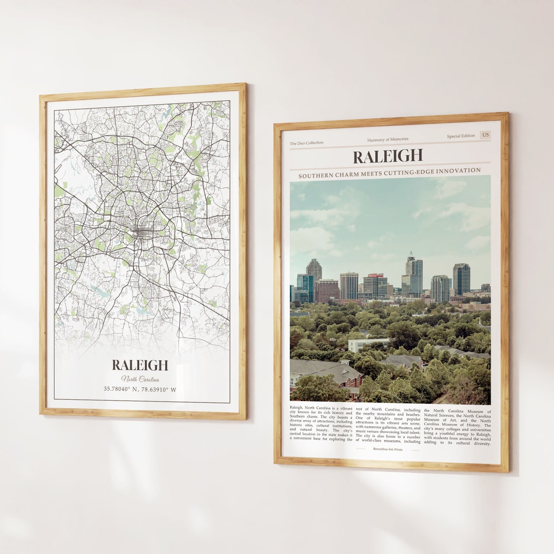 Raleigh City Prints Set of 2, Raleigh Map, Raleigh Poster Photo ...
