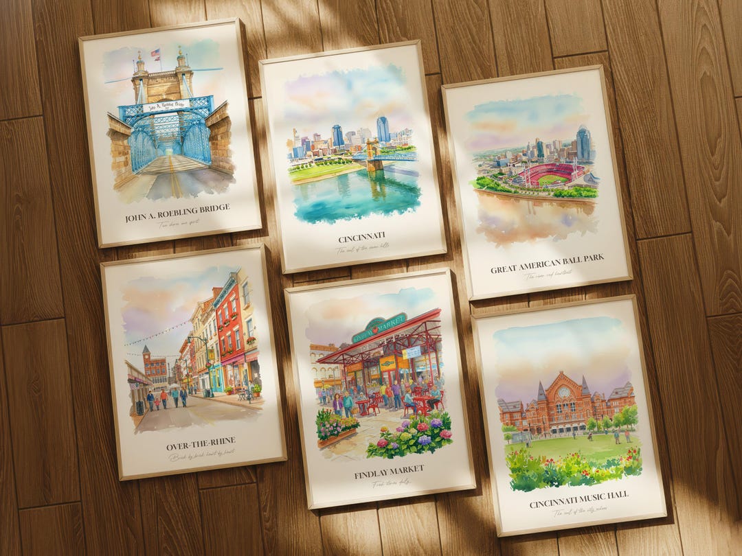Cincinnati OH Watercolor Prints Gallery Wall, Colorful Cincinnati ...