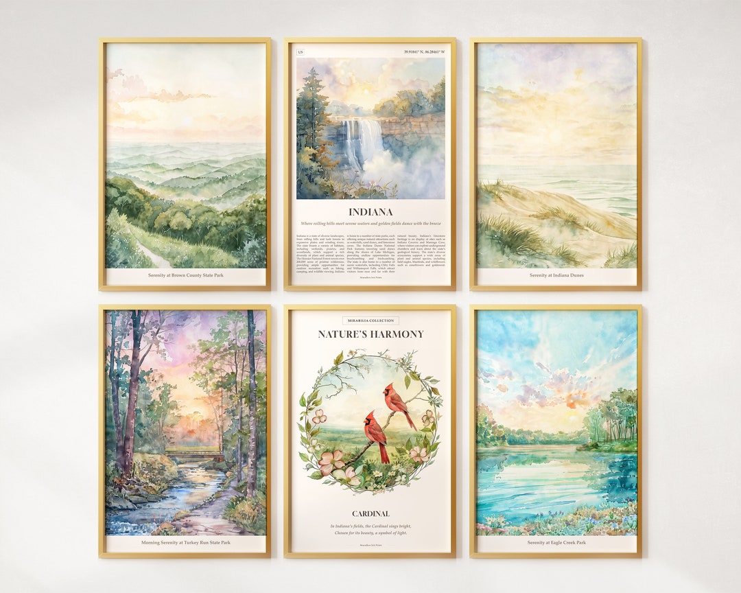 Watercolor Indiana Prints Set of 6, Colorful Indiana Posters, Cardinal ...